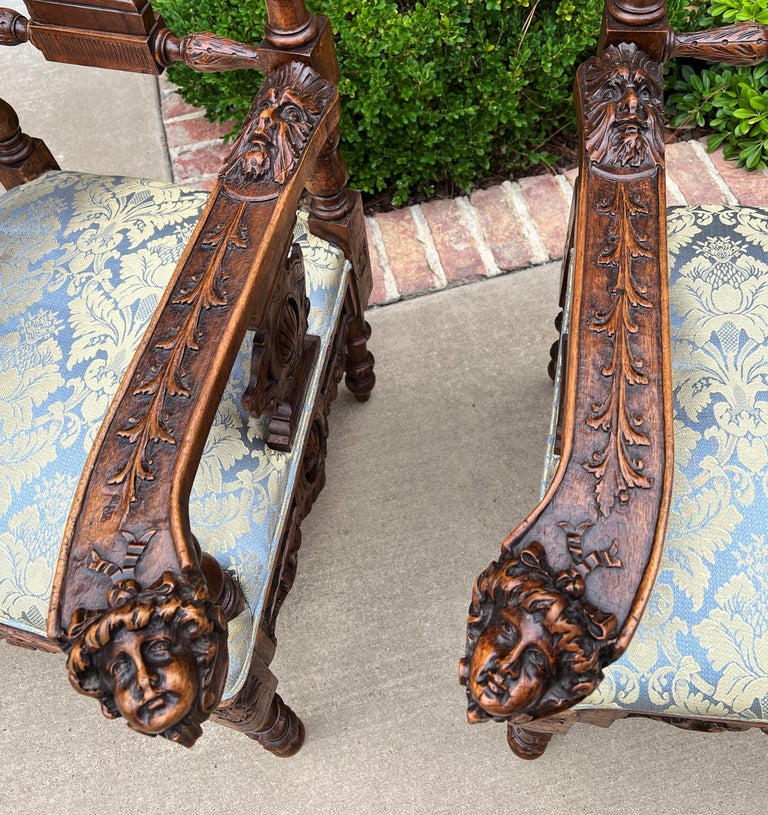 Antique French Arm Chairs Pair Cherubs Angels Carved Walnut Blue ...