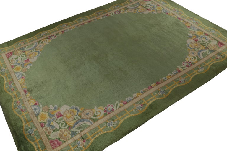 Antique French Art Deco Rug in Green with Pink and Gold Floral by Rug ...