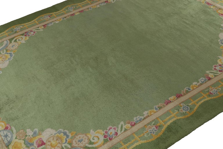 Antique French Art Deco Rug in Green with Pink and Gold Floral by Rug ...