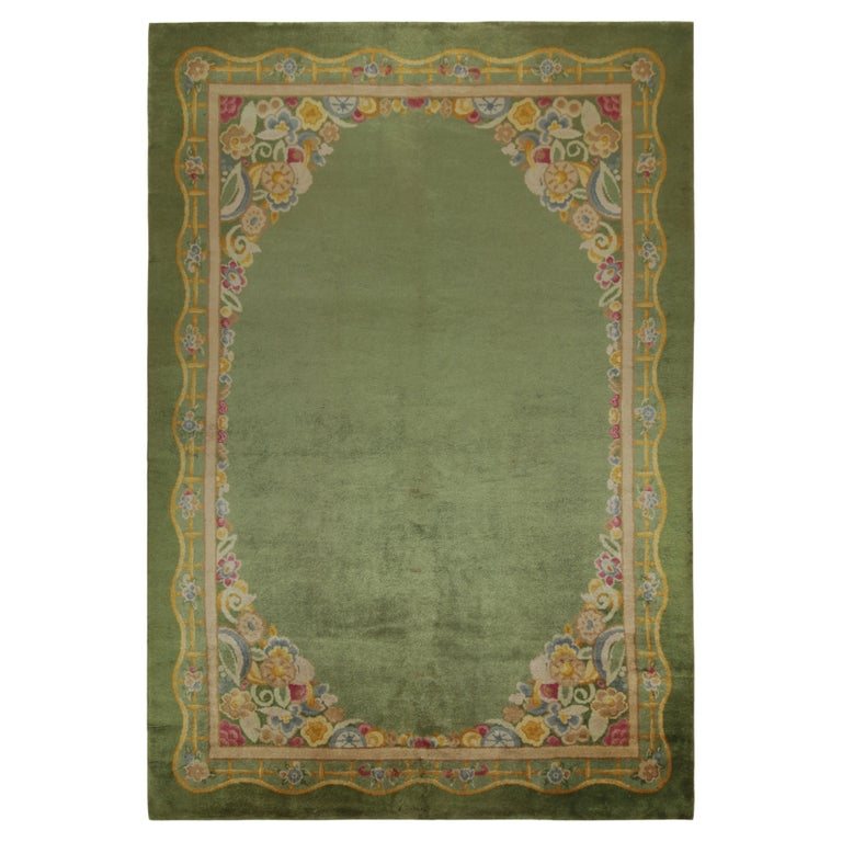 Antique French Art Deco Rug in Green with Pink and Gold Floral by Rug ...