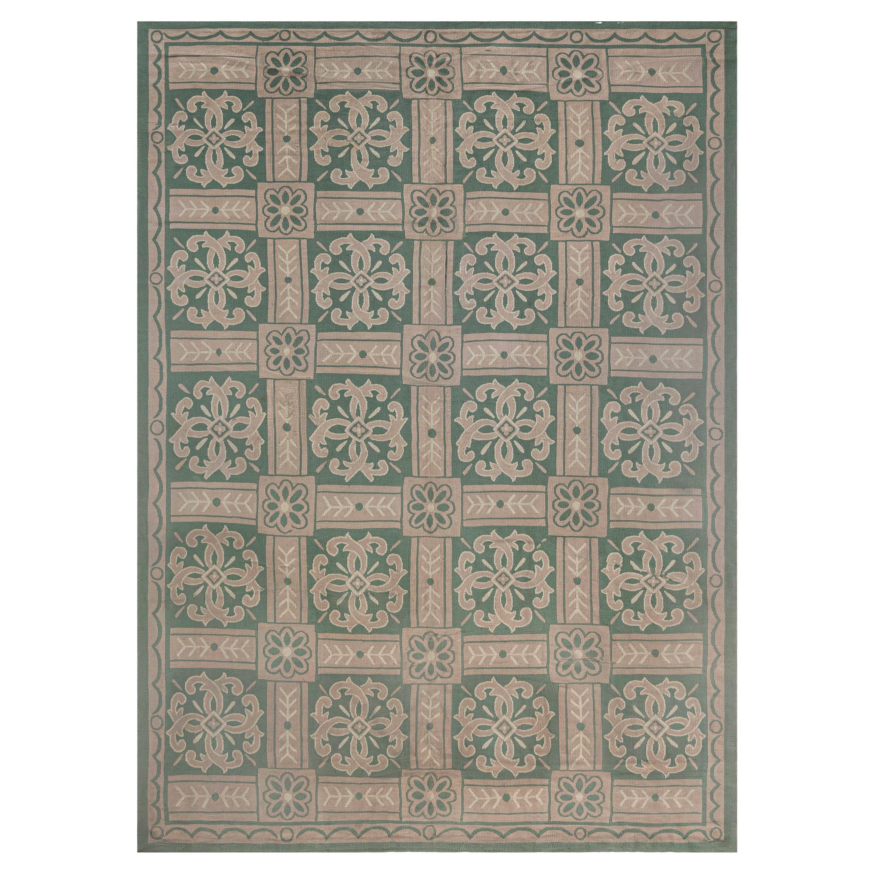 Vintage Needlepoint Geometric Floral Green and Beige Brown Wool Curved ...