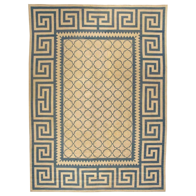 Antique French Aubusson Rug in Beige and Blue at 1stDibs