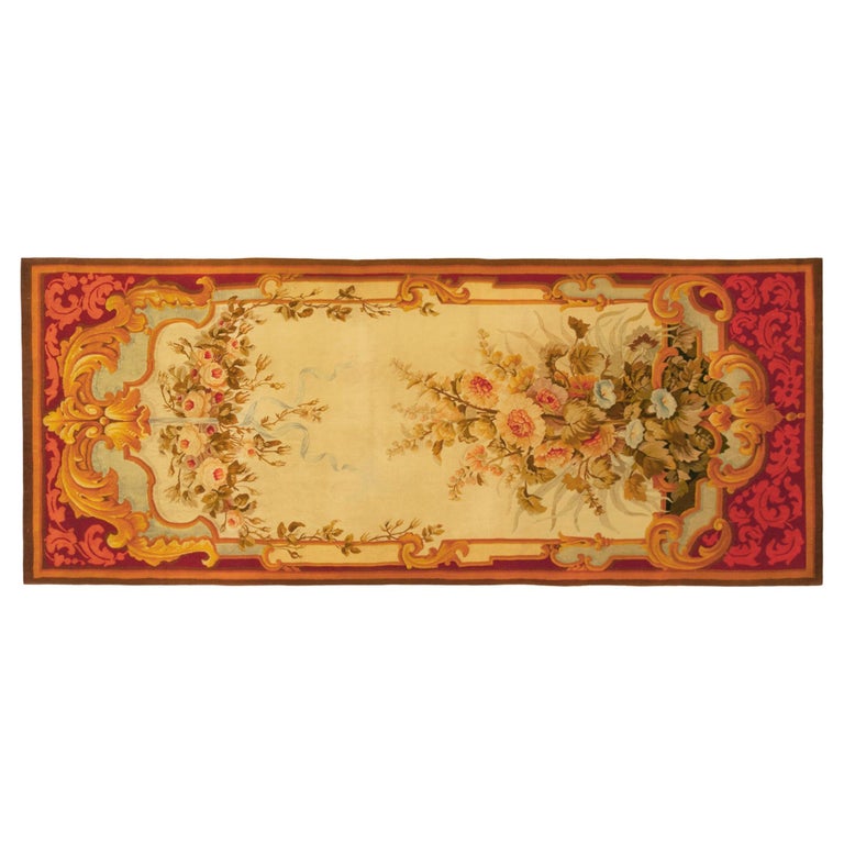 Antique French Aubusson Rug, in Runner size W/ Floral Elements and ...