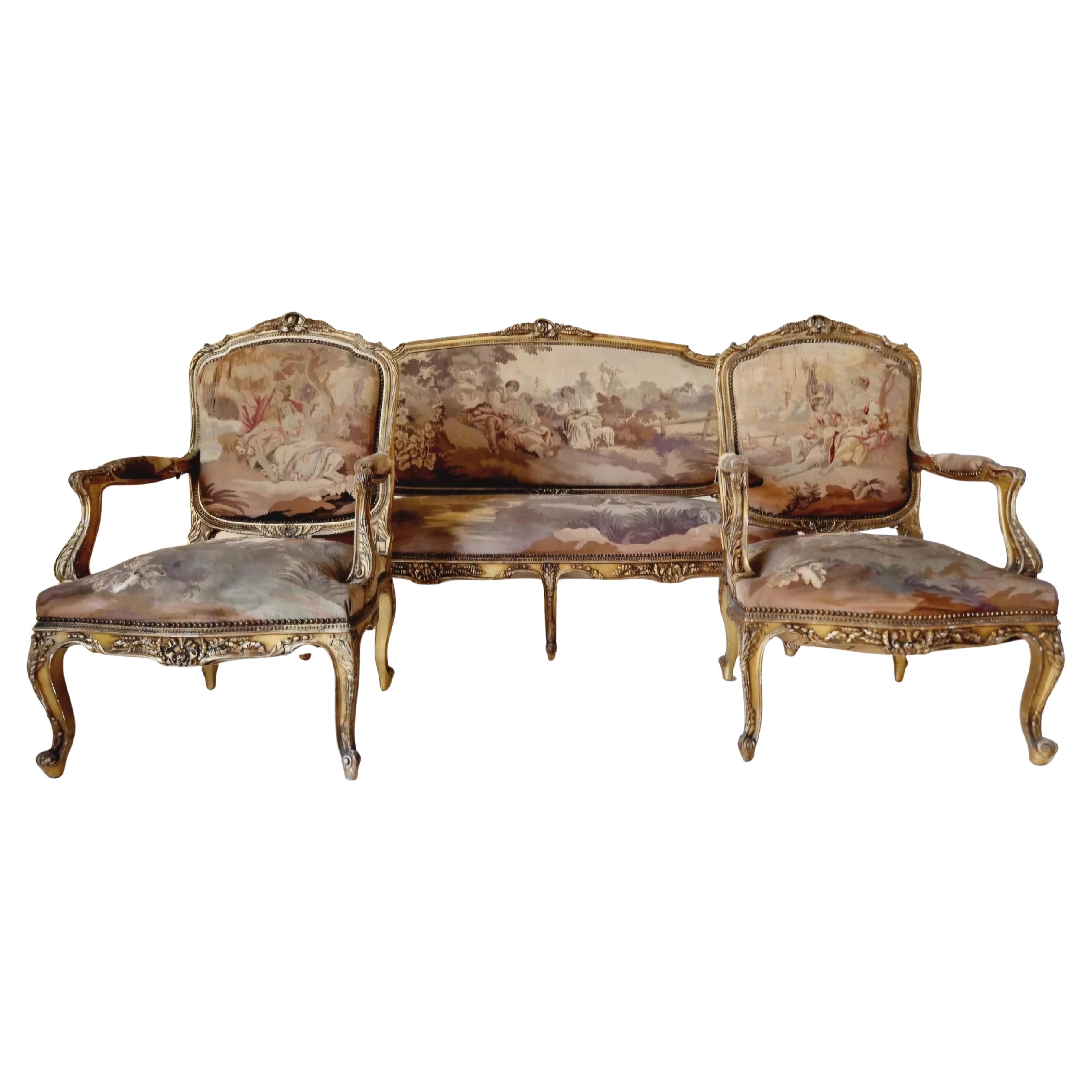 Antique Louis XVI Style Giltwood Salon Set with Turquoise Velvet, 1860 ...