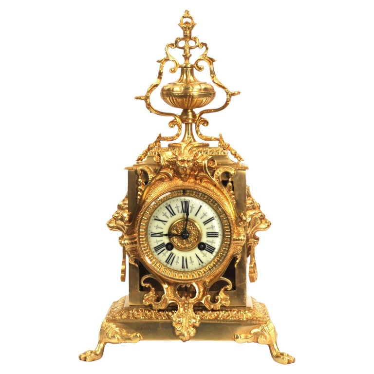 Antique French Baroque Gilt Bronze Clock, Lions Masks For Sale at 1stDibs
