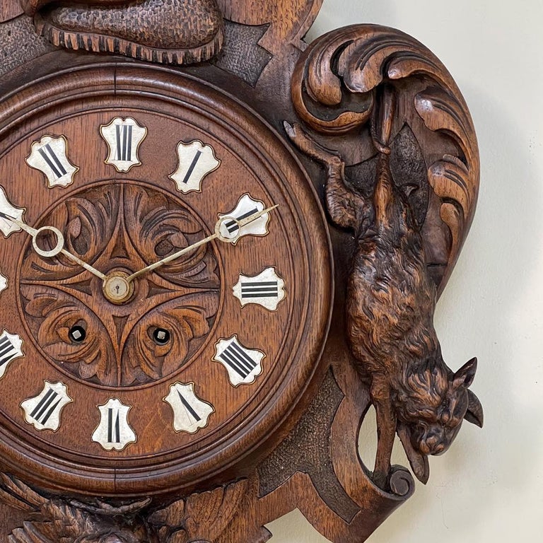 Antique French Black Forest Hand Carved Hunt Wall Clock For Sale at 1stDibs
