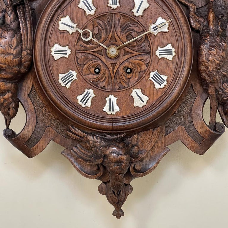 Antique French Black Forest Hand Carved Hunt Wall Clock For Sale at 1stDibs