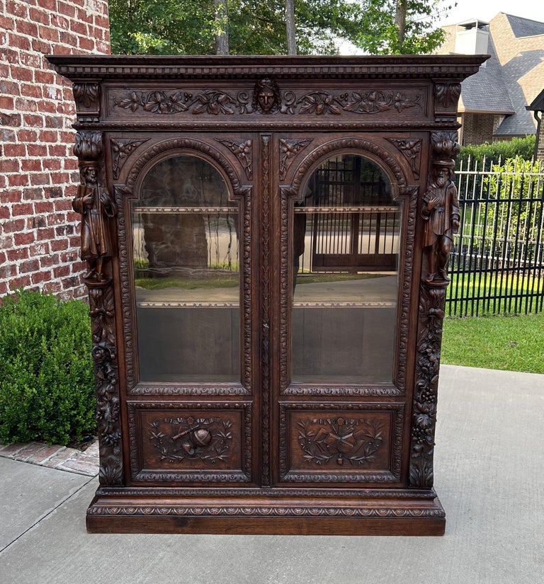 Antique French Bookcase Cabinet Display Double Door Scholars Carved Oak ...