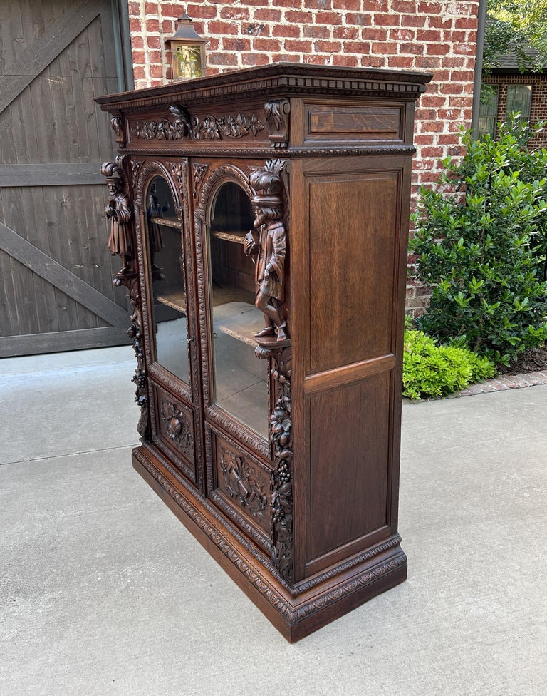 Antique French Bookcase Cabinet Display Double Door Scholars Carved Oak ...