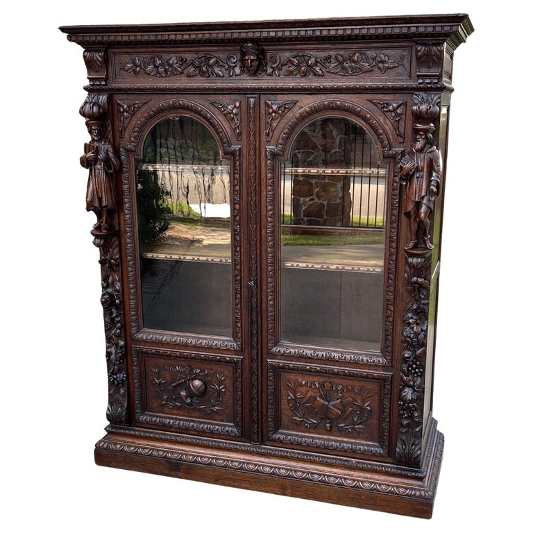 Antique French Bookcase Cabinet Display Double Door Scholars Carved Oak ...