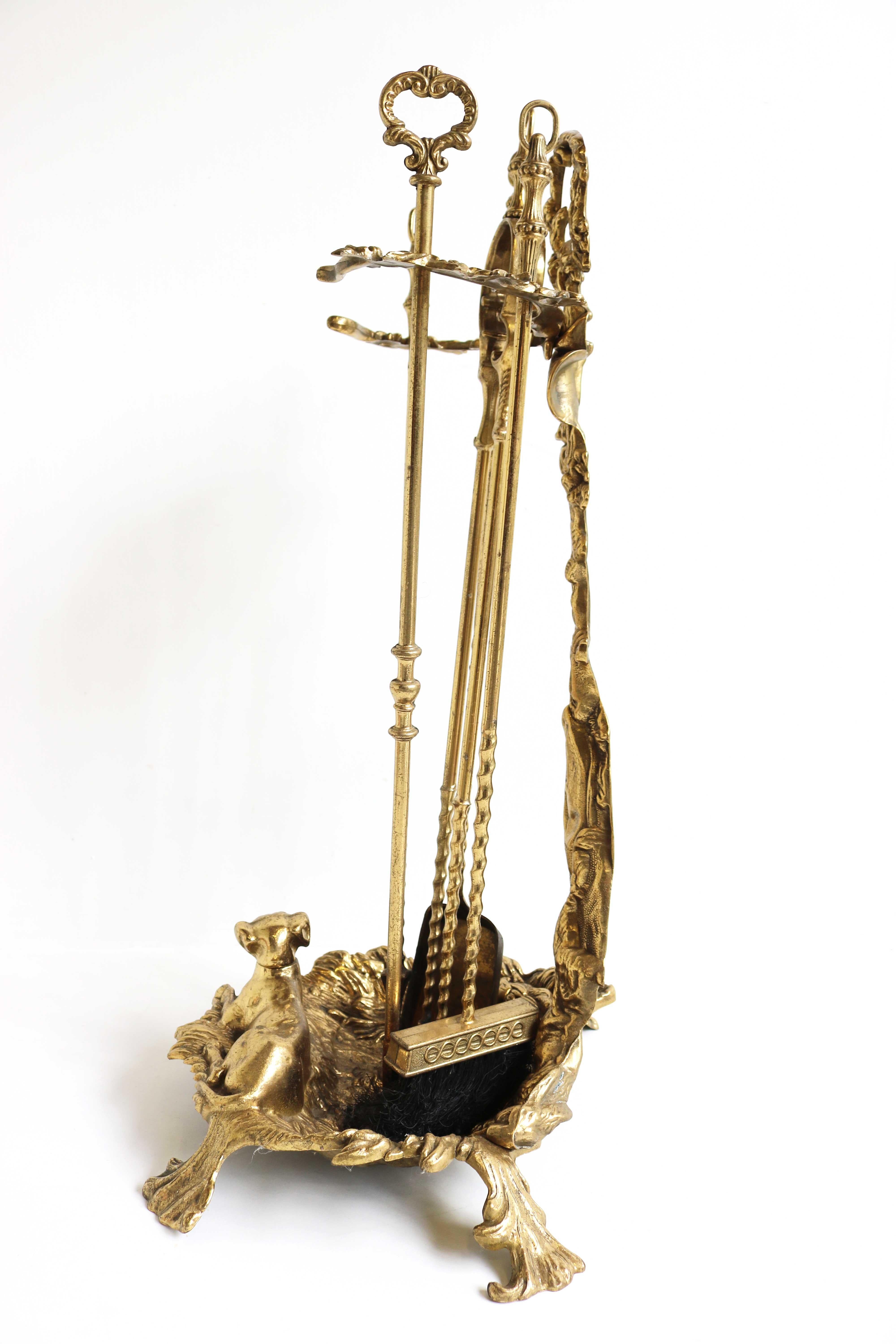 Antique French Brass Hunting Motif Fireplace Tools Set 1900s Hunting ...