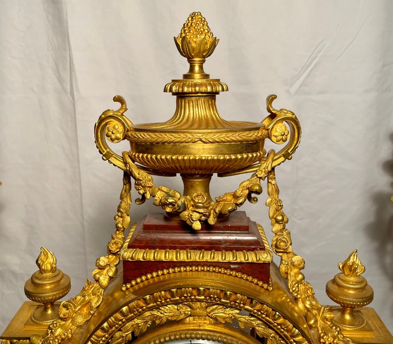 Antique French Bronze D'ore and Vatican Red Marble Clock Garniture Set ...