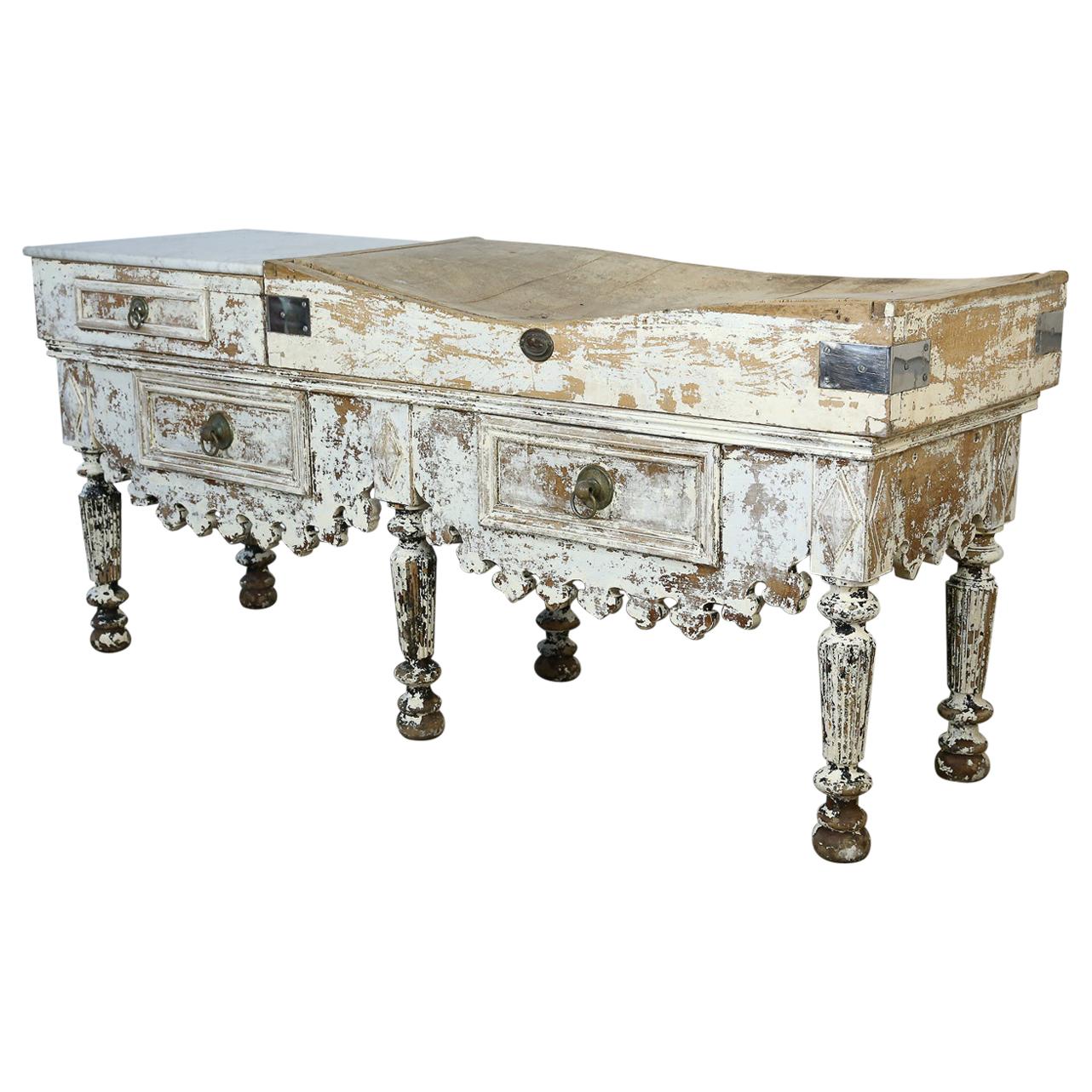 Antique French Butcher Table with Marble at 1stDibs
