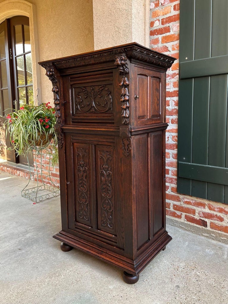 Antique French Cabinet Renaissance Carved Oak Bookcase Wine Cellarette ...