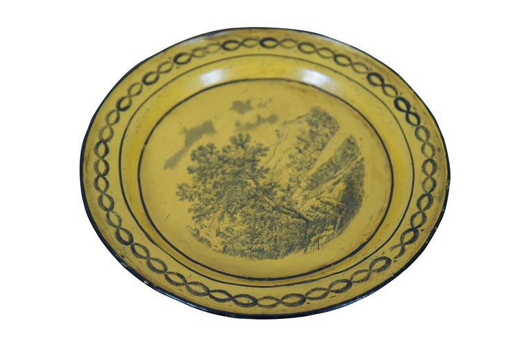 Antique French Canary Yellow Metal Tole Transferware Plate W Landscape ...