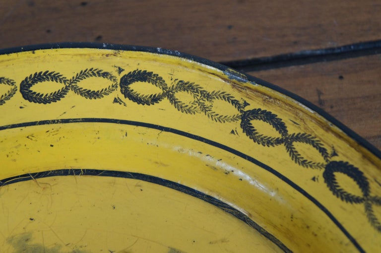 Antique French Canary Yellow Metal Tole Transferware Plate W Landscape ...