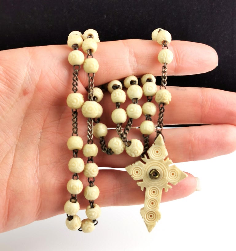 Antique French carved bone rosary bead necklace, Cross pendant ...