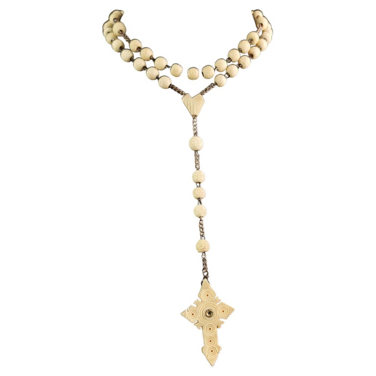 Antique French carved bone rosary bead necklace, Cross pendant ...