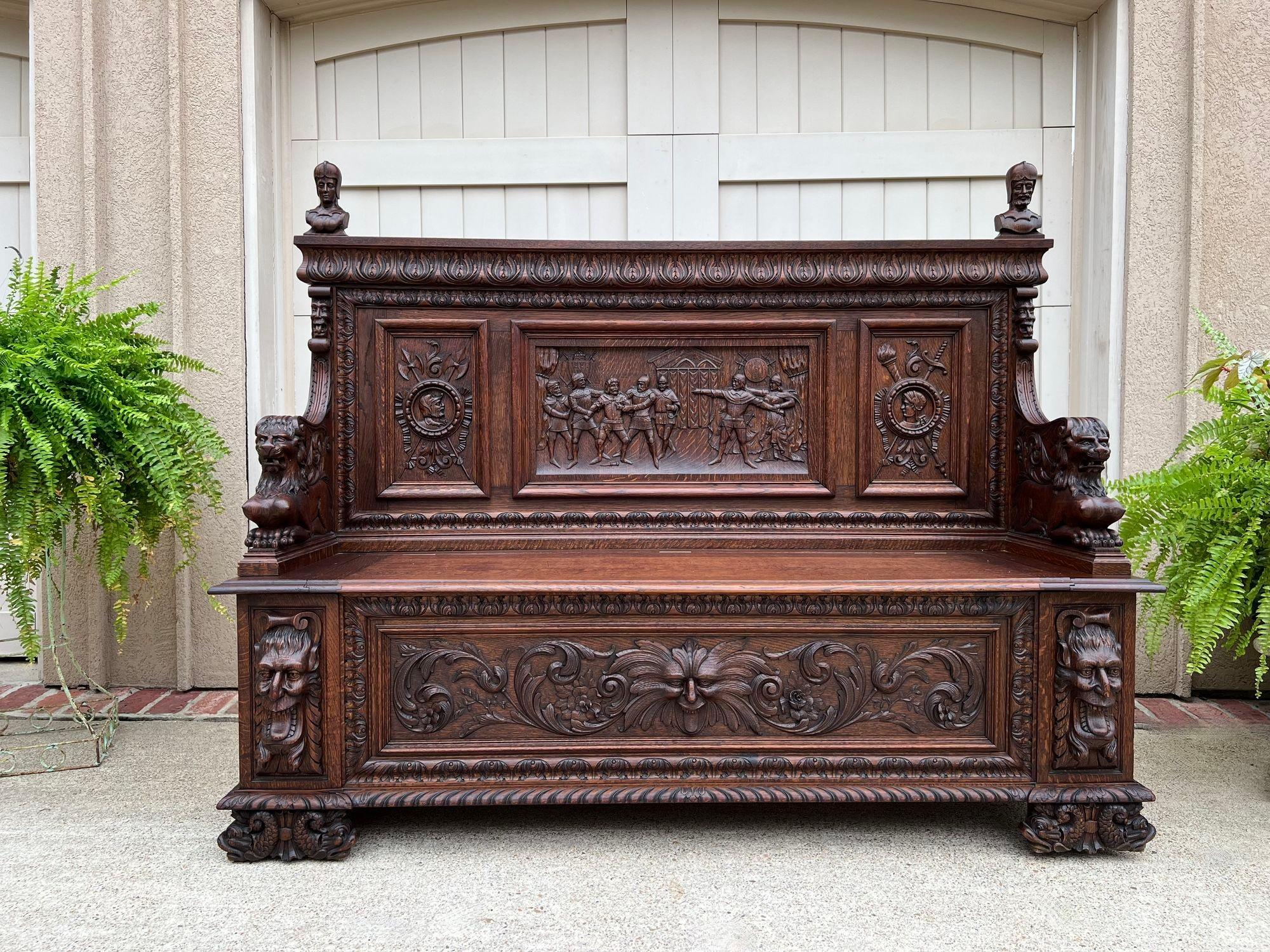 Antique French Carved Hall Bench Settle Renaissance Knights Brittany ...