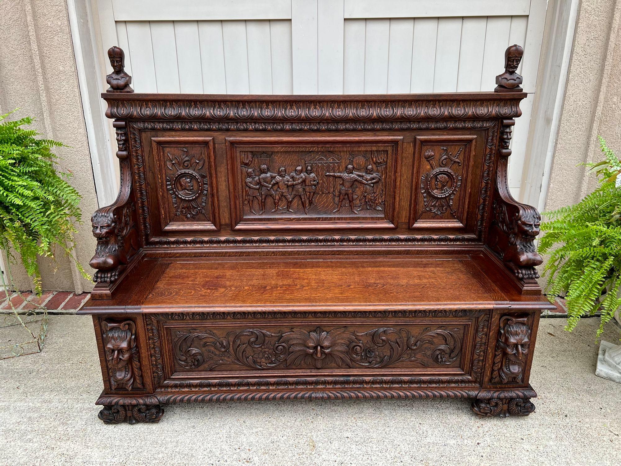Antique French Carved Hall Bench Settle Renaissance Knights Brittany ...