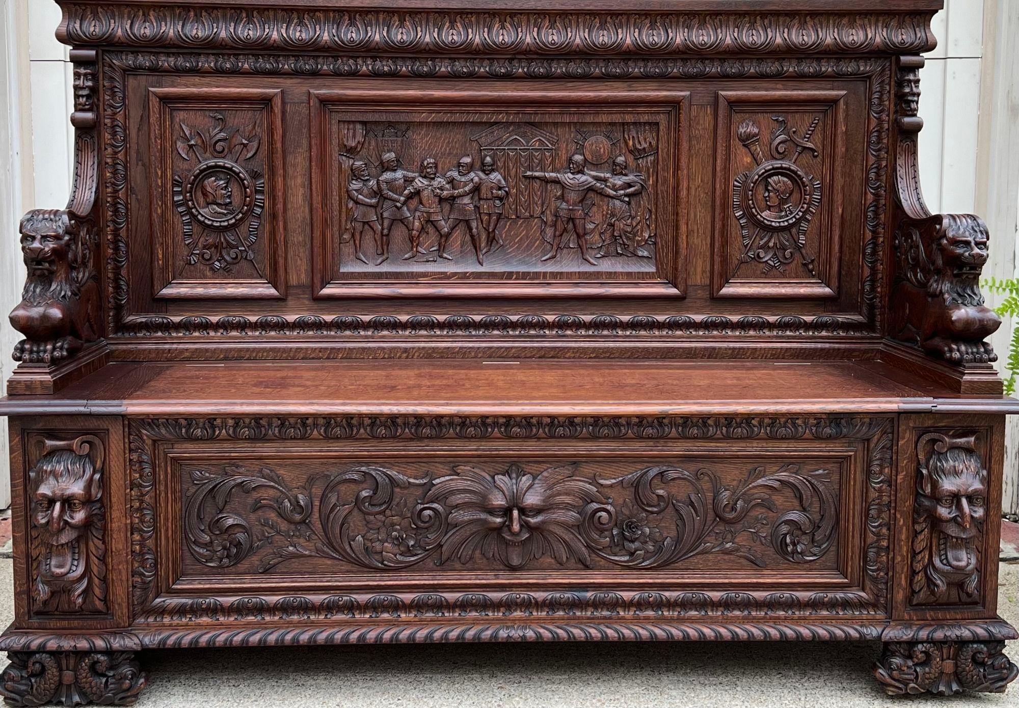 Antique French Carved Hall Bench Settle Renaissance Knights Brittany ...