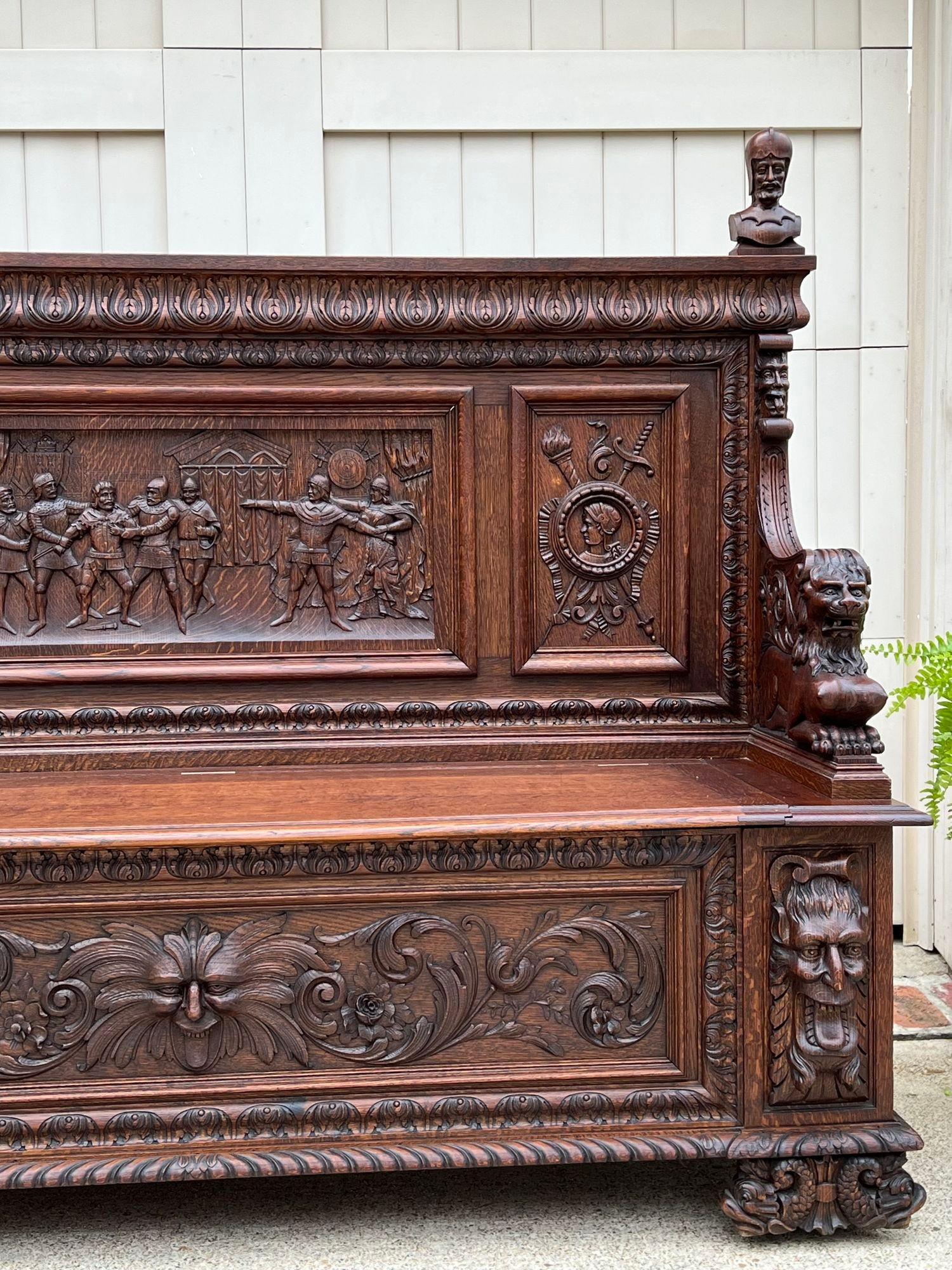 Antique French Carved Hall Bench Settle Renaissance Knights Brittany ...