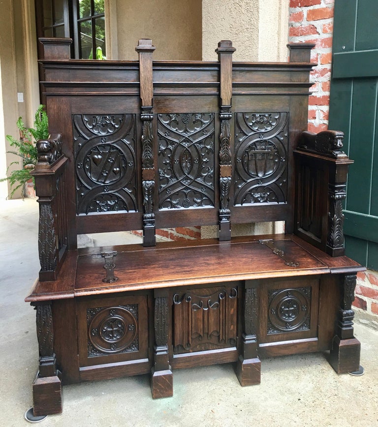Antique French Carved Oak Hall Bench Chest Gothic Settle Pew ...