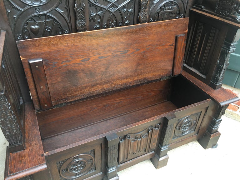 Antique French Carved Oak Hall Bench Chest Gothic Settle Pew ...
