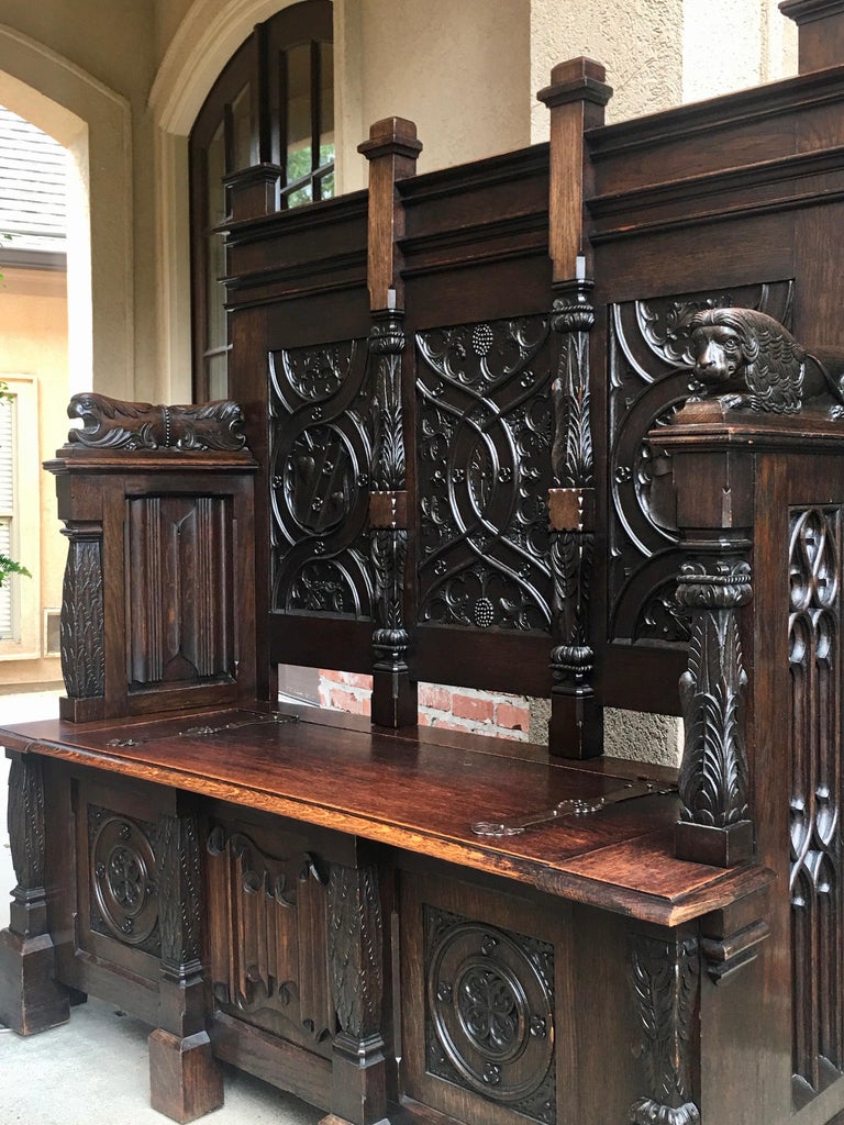 Antique French Carved Oak Hall Bench Chest Gothic Settle Pew ...