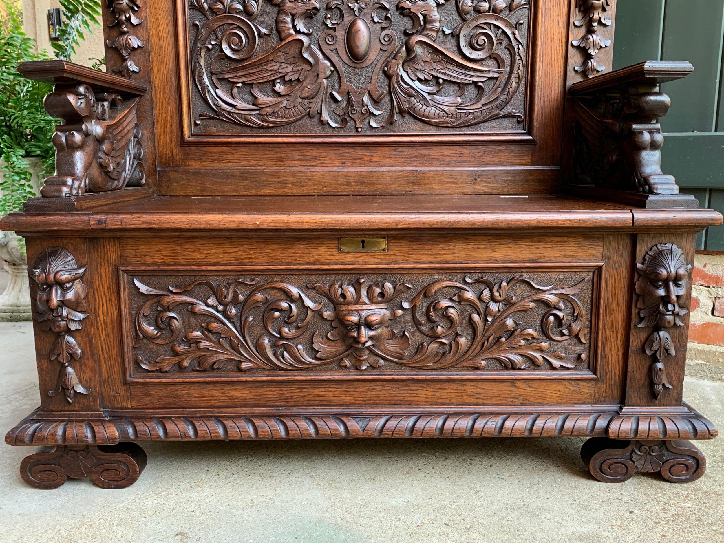 Antique French Carved Oak Hall Bench Trunk Chest Renaissance Greek ...