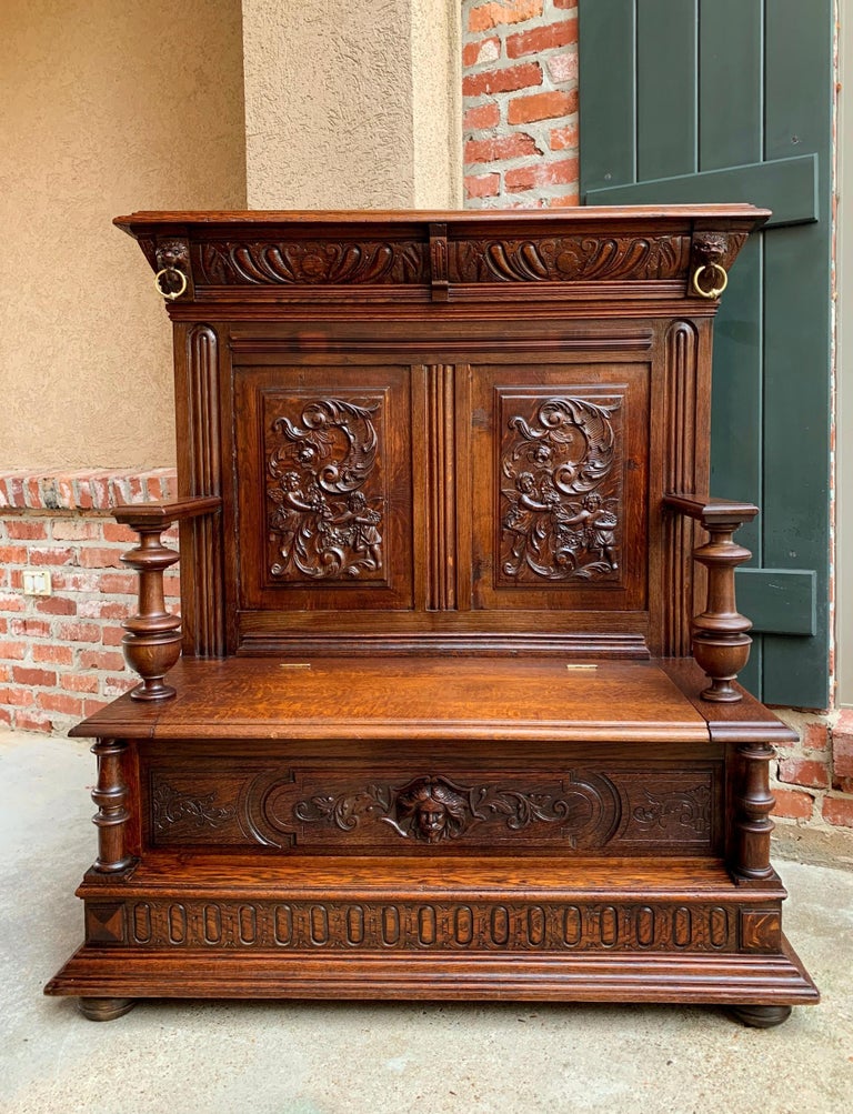 Antique French Carved Oak Hall Bench Trunk Chest Settle Renaissance ...