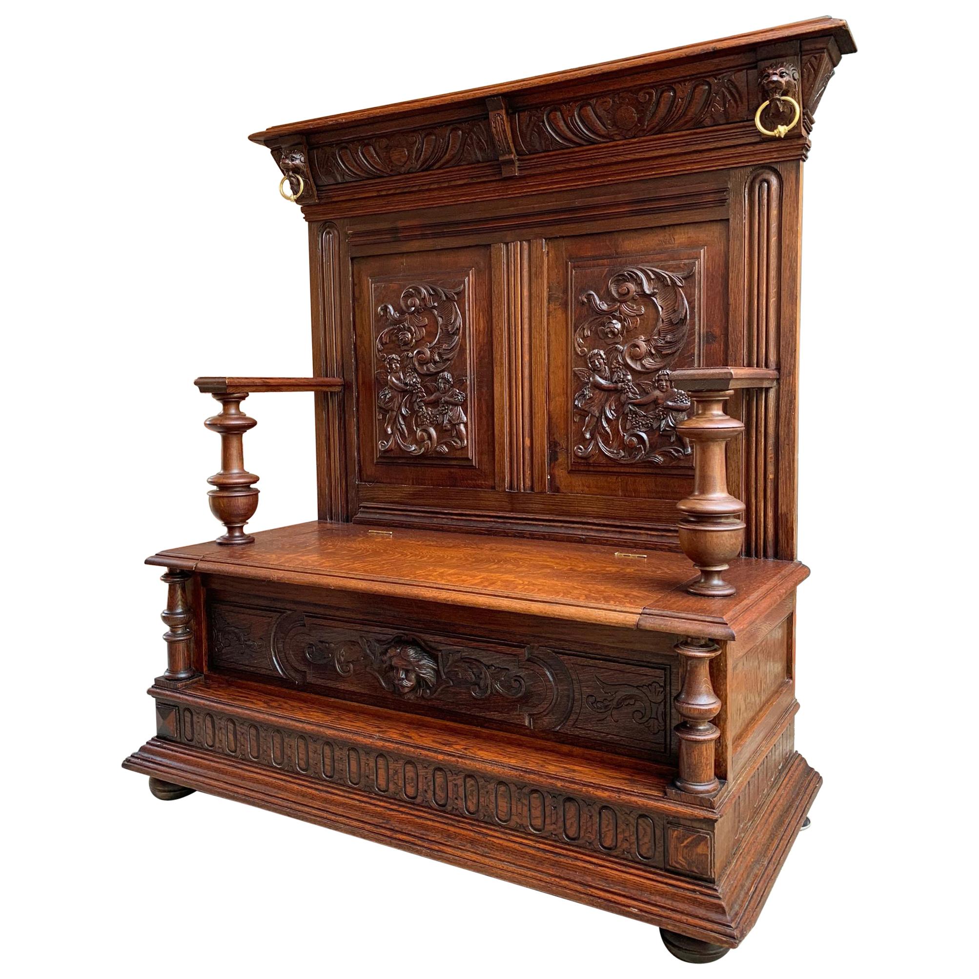 Antique French Carved Oak Hall Bench Trunk Chest Settle Renaissance ...