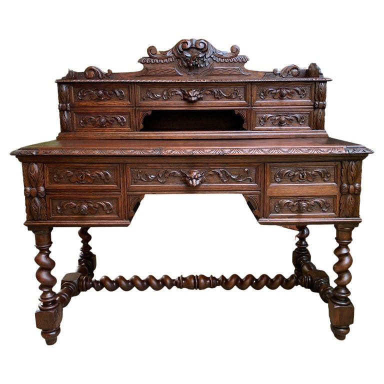 Antique French Carved Oak Renaissance Desk Barley Twist Louis XIII ...