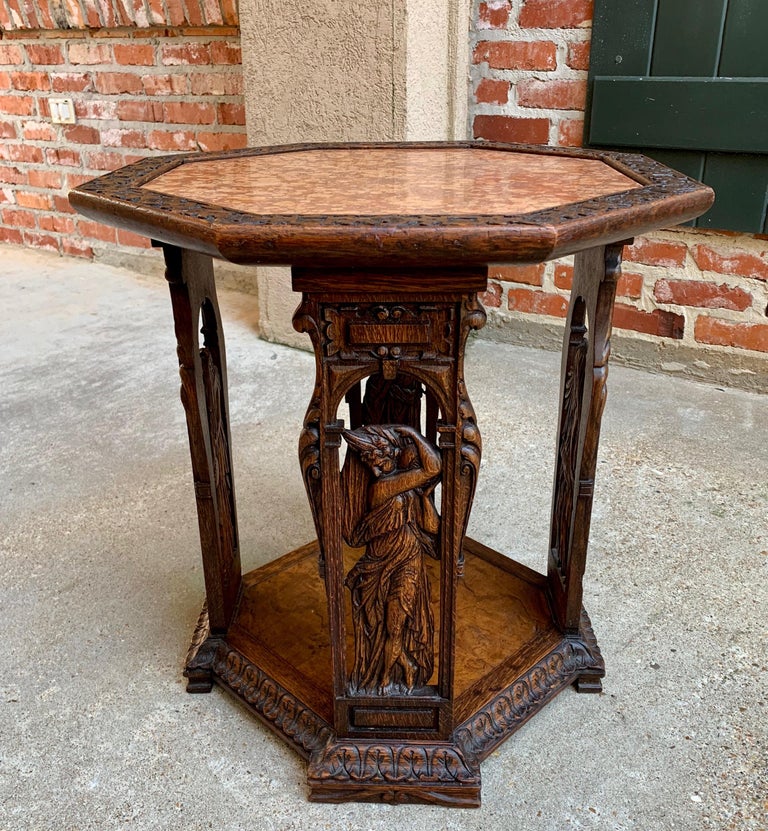 Antique French Carved Oak Side Table Greek Goddess Marble Renaissance ...