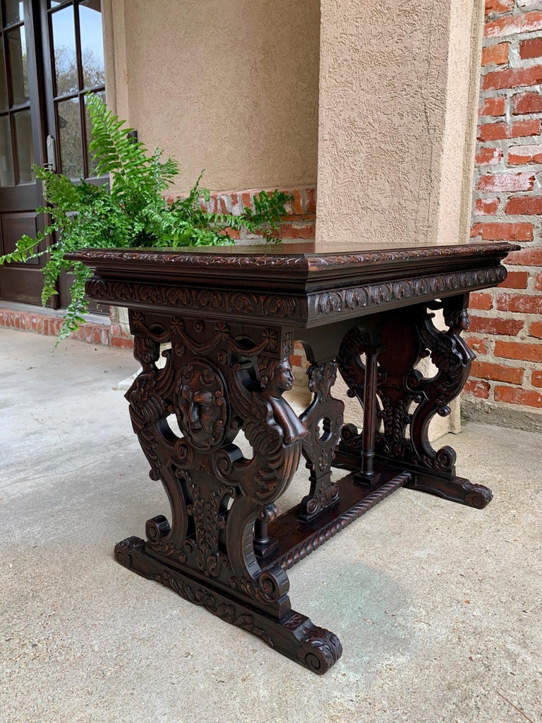 Antique French Carved Oak Sofa Side Accent Table Renaissance Cherub Trestle at 1stDibs