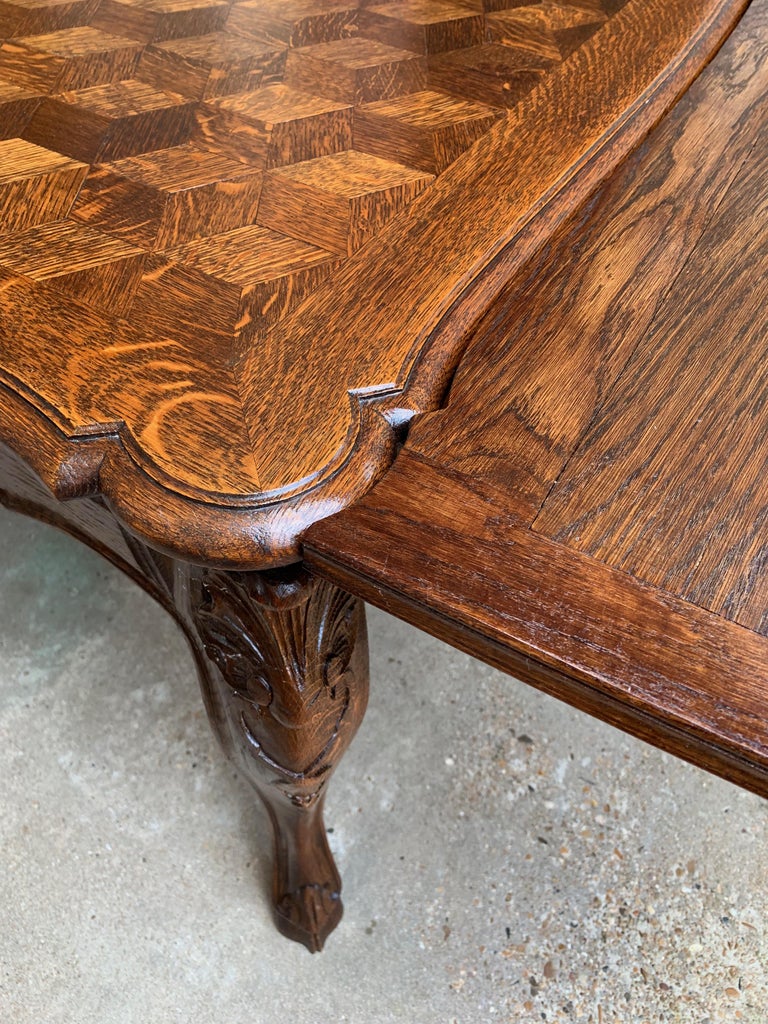 Antique French Carved Tiger Oak Parquet Dining Table Draw Leaf Ram Hoof ...
