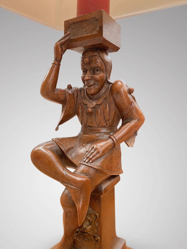 Antique French Carved Walnut Court Jester Table Lamp with red shade For ...