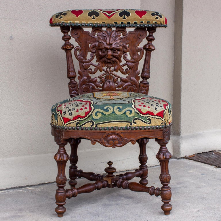 Antique French Carved Wood Smoking Chair with Embroidered Upholstery ...