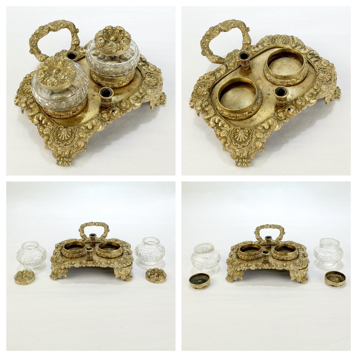 Antique French Charles X Gilt Bronze Inkstand / Standish with Cut Glass ...