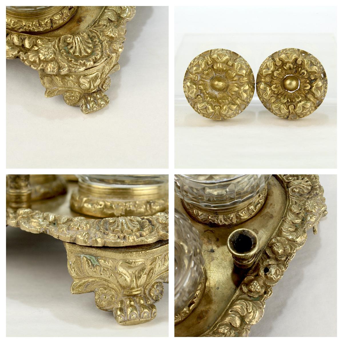 Antique French Charles X Gilt Bronze Inkstand / Standish with Cut Glass ...