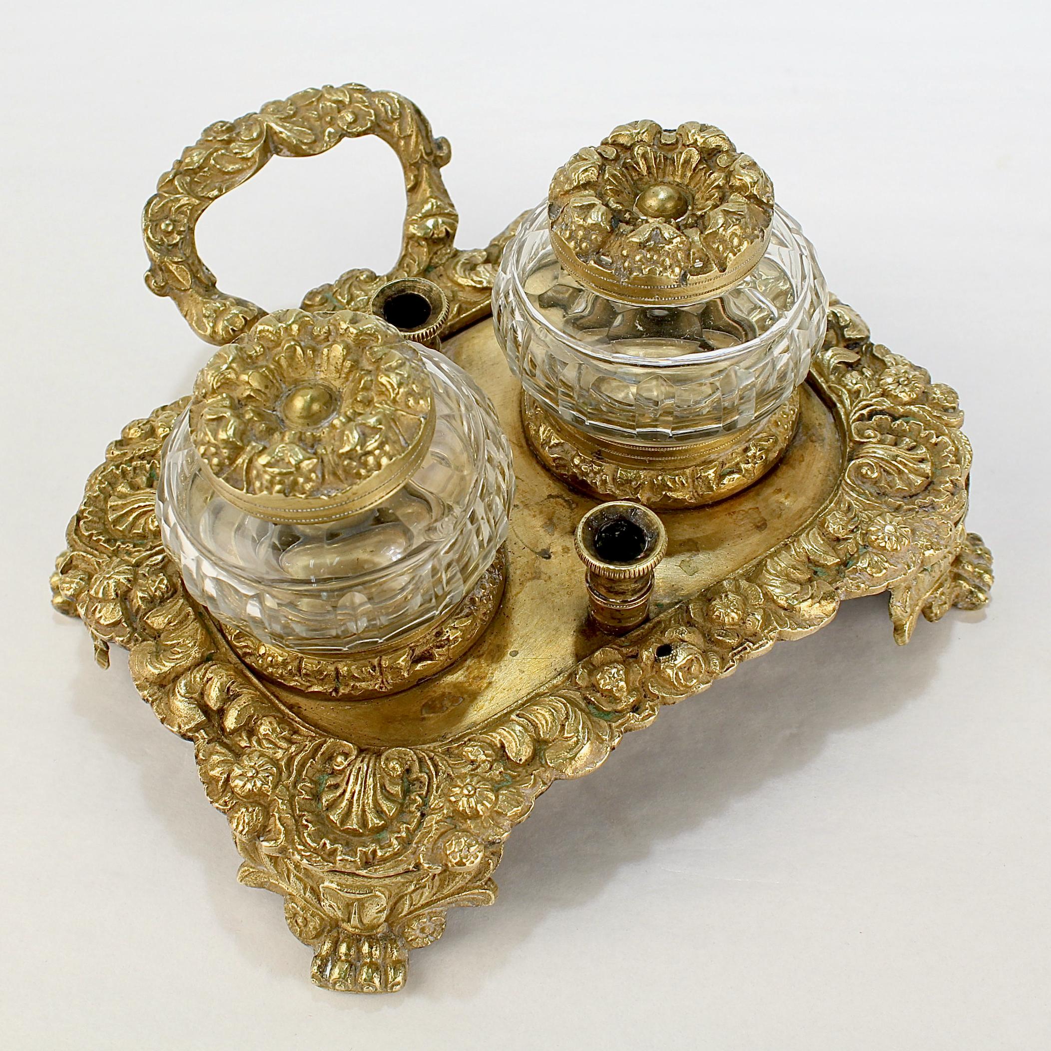 Antique French Charles X Gilt Bronze Inkstand / Standish with Cut Glass ...