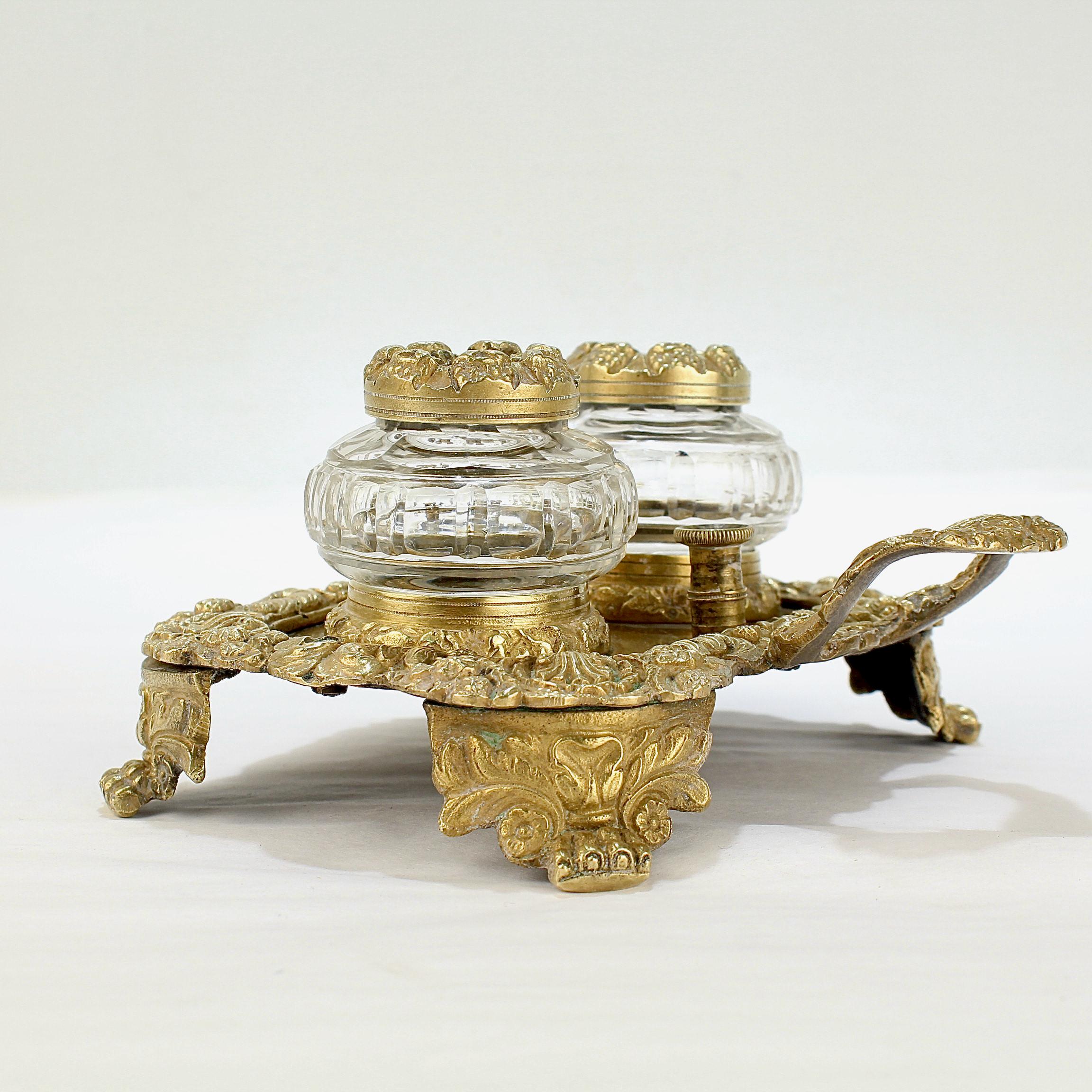 Antique French Charles X Gilt Bronze Inkstand / Standish with Cut Glass ...