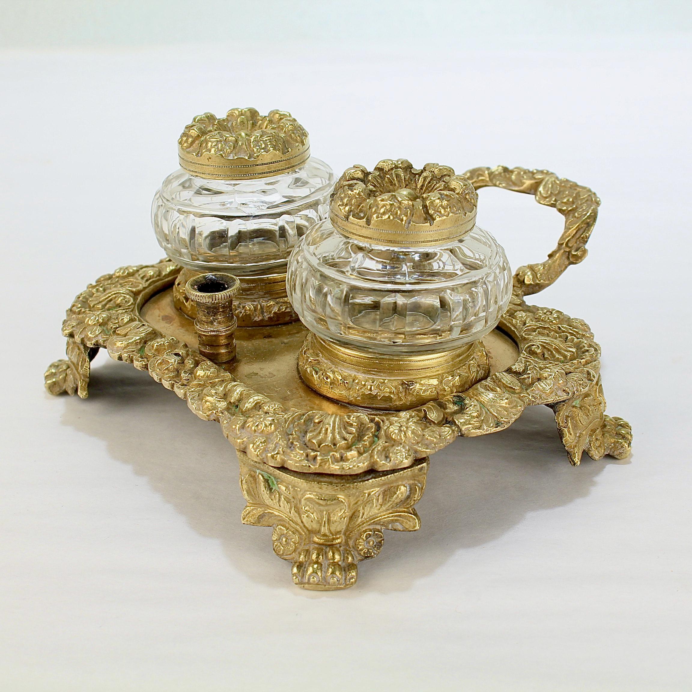 Antique French Charles X Gilt Bronze Inkstand / Standish with Cut Glass ...