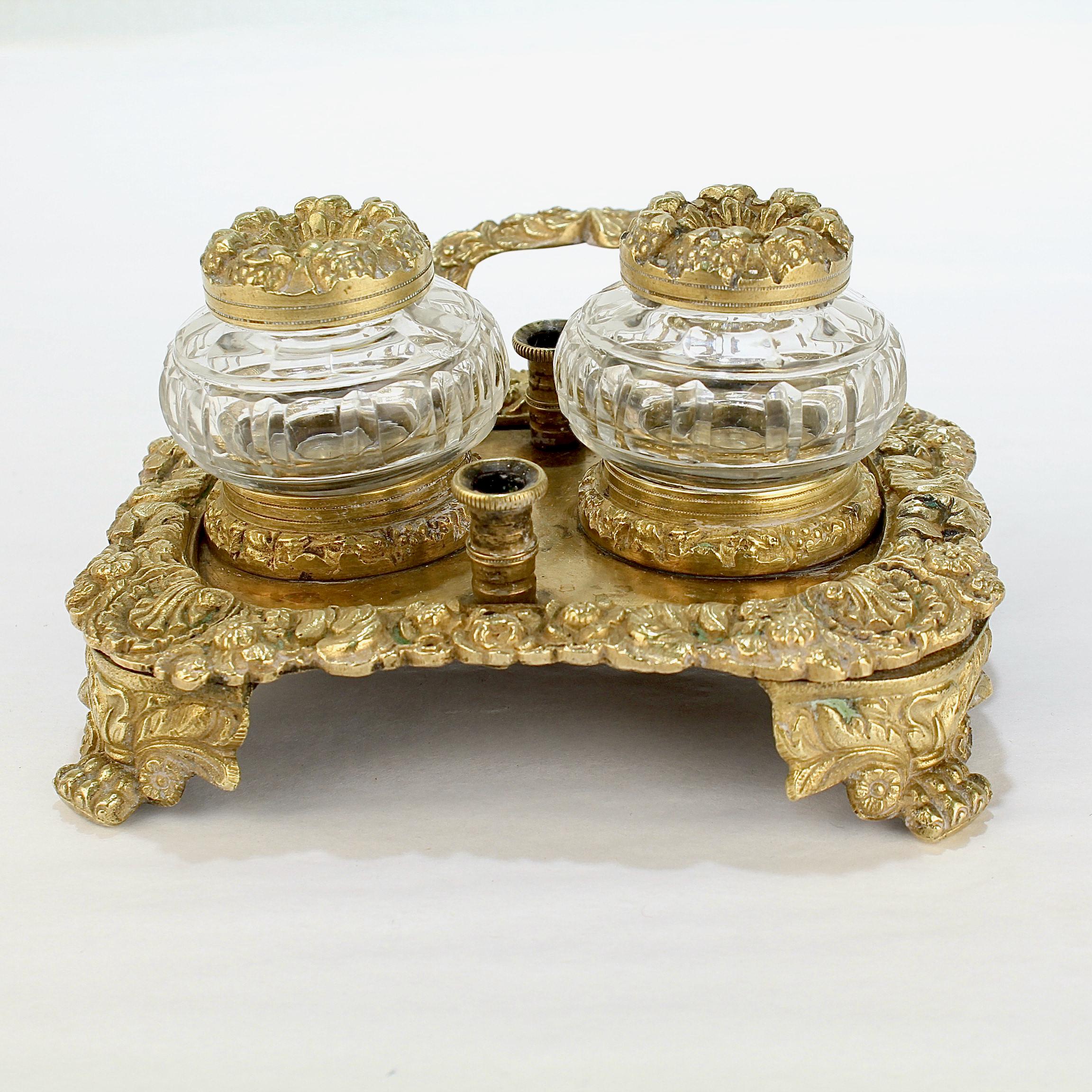 Antique French Charles X Gilt Bronze Inkstand / Standish with Cut Glass ...