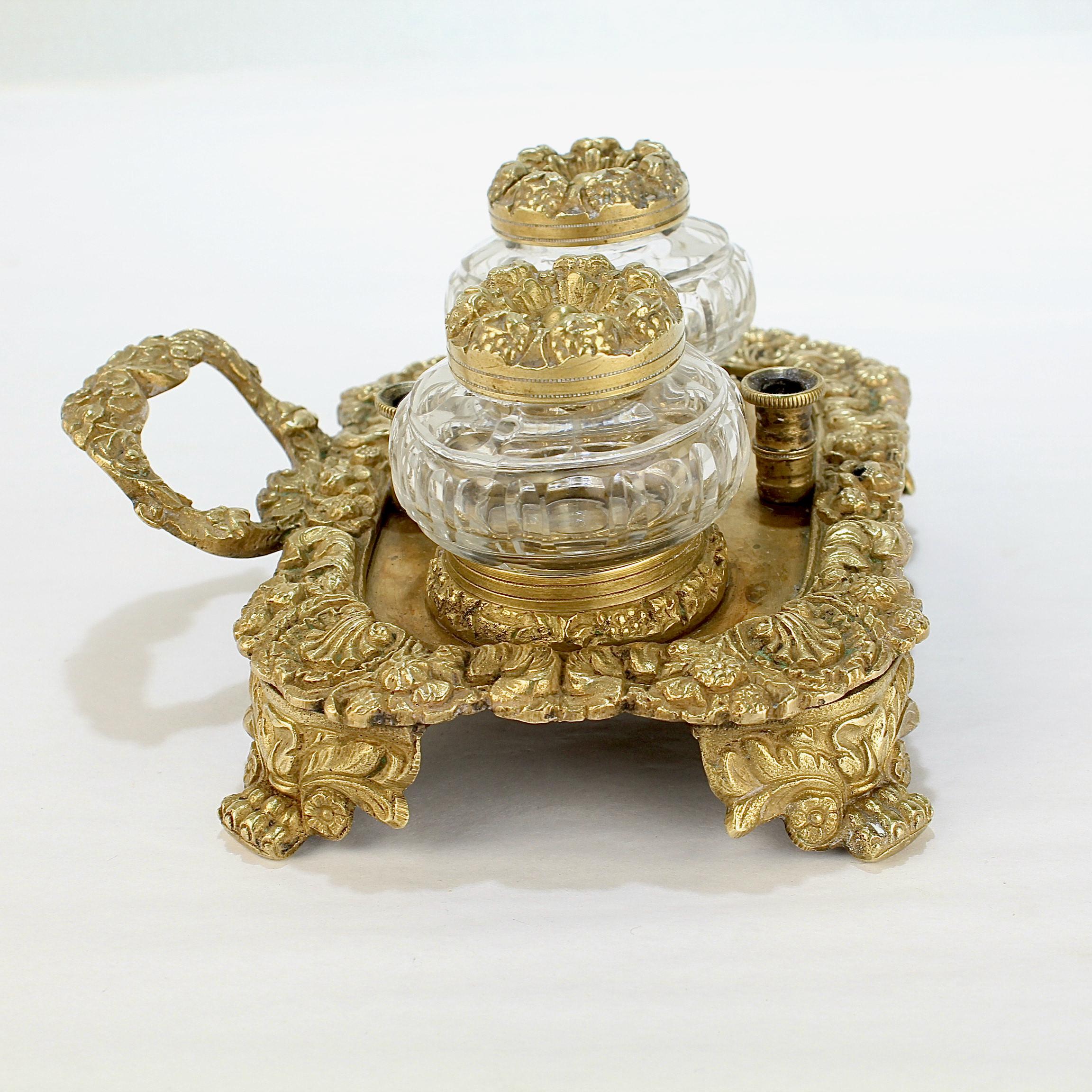 Antique French Charles X Gilt Bronze Inkstand / Standish with Cut Glass ...