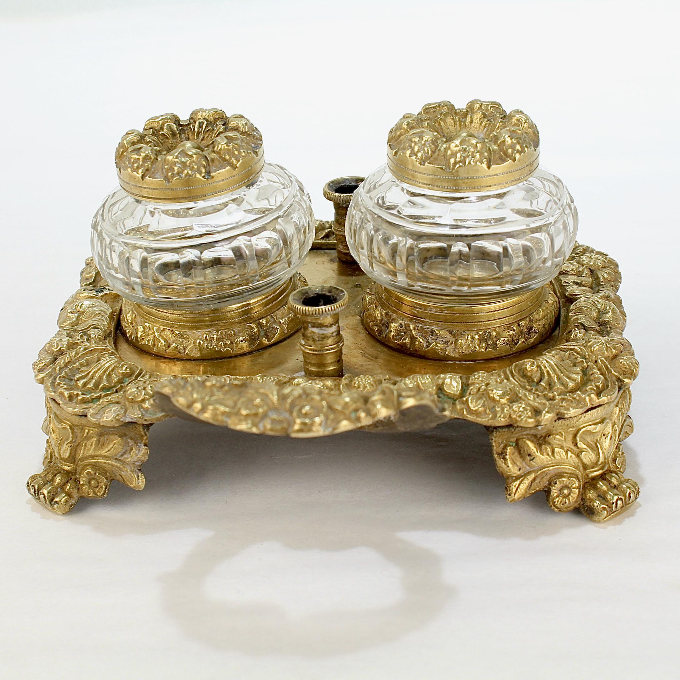 Antique French Charles X Gilt Bronze Inkstand / Standish with Cut Glass ...