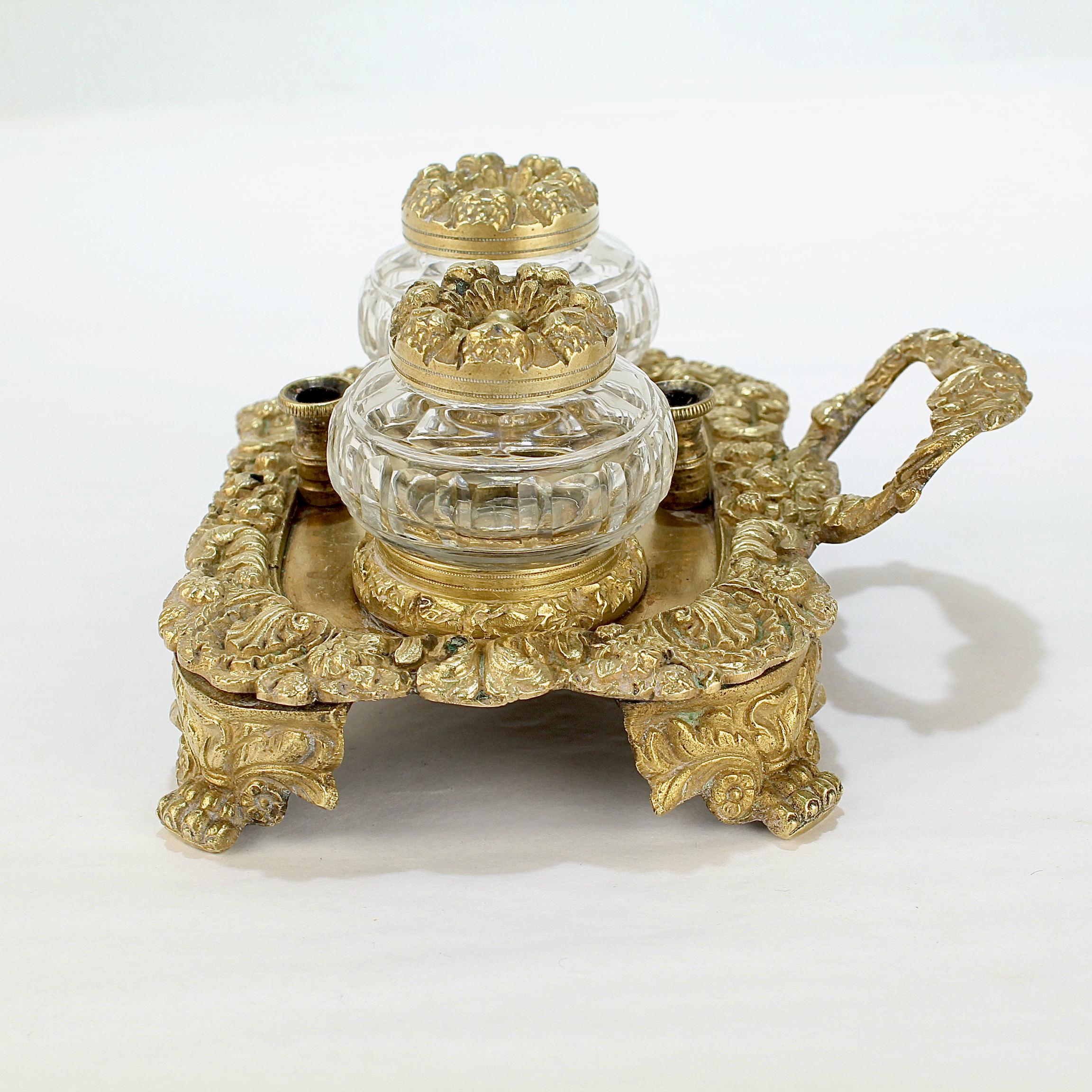 Antique French Charles X Gilt Bronze Inkstand / Standish with Cut Glass ...