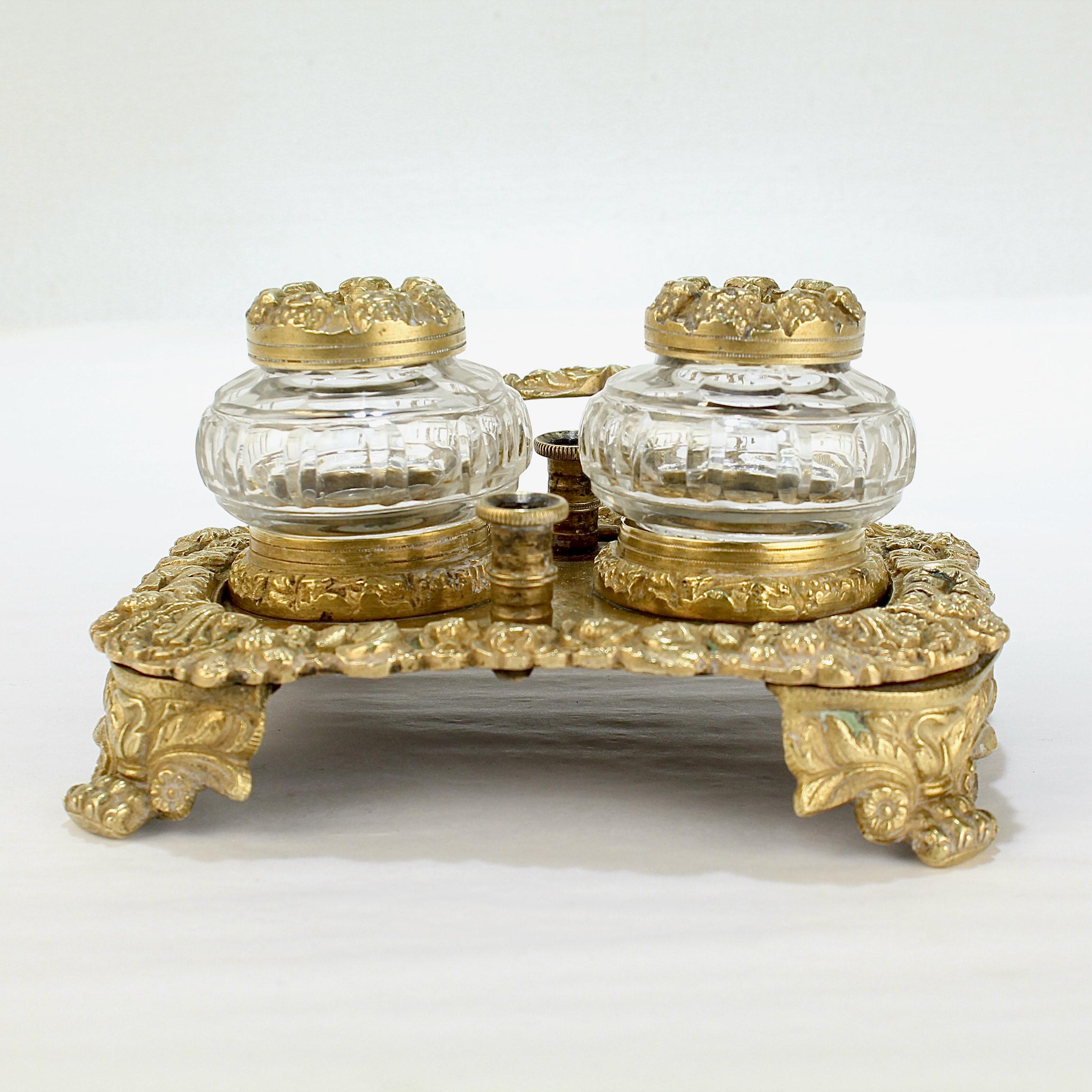 Antique French Charles X Gilt Bronze Inkstand / Standish with Cut Glass ...