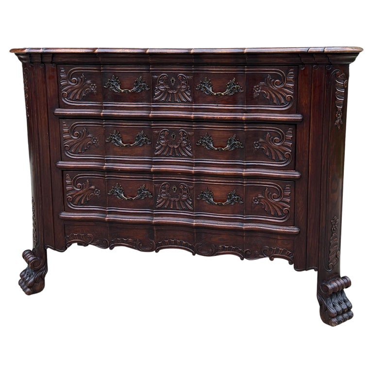 Antique French Chest of Drawers Cabinet 3-Drawer Serpentine Carved Oak ...