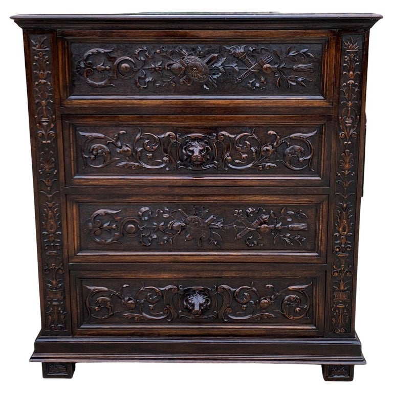 Antique French Chest of Drawers Renaissance Revival Oak Shields Knights ...